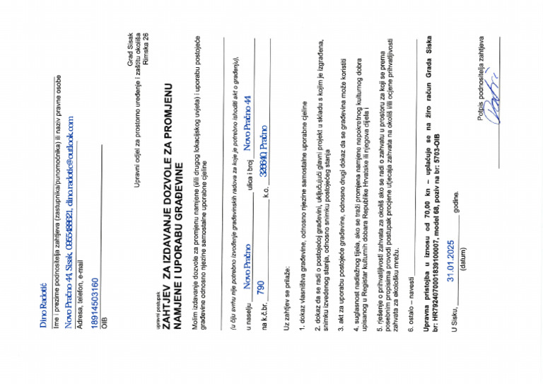 Zahtjev Za Izdavanje Dozvole Za Promjenu Namjene I Uporabu Gradevine | PDF