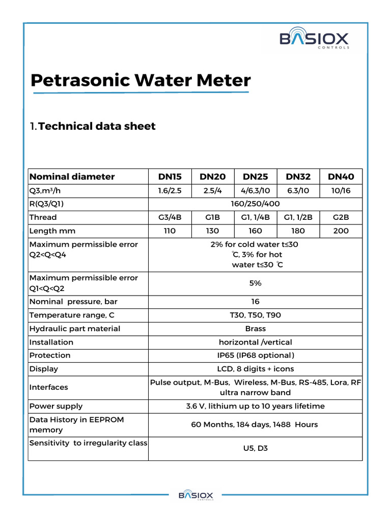 Datasheet Petronics residential water meter | PDF