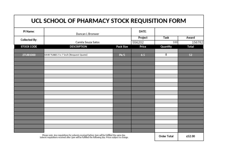 UCL Pharmacy Stock Requisition Form | PDF