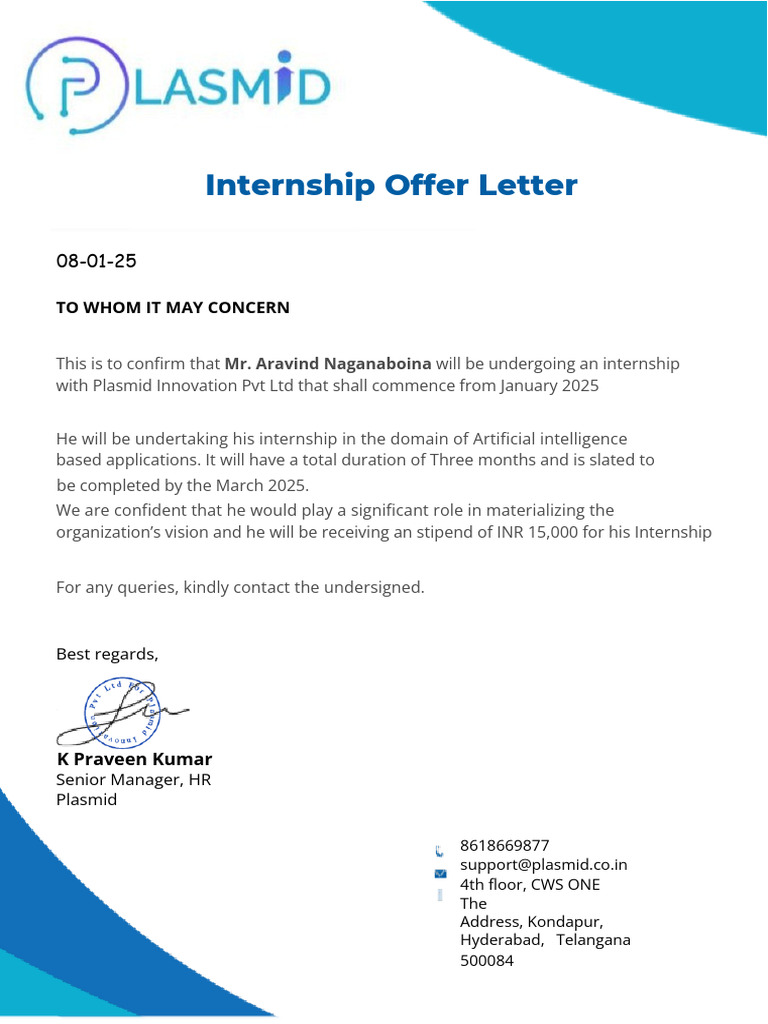 Internship Offer Letter @aravind Naganaboina PDF | PDF