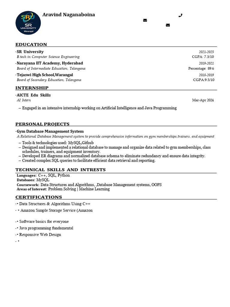 Aravind Resume Verified | PDF | Databases | Intelligence (AI) & Semantics