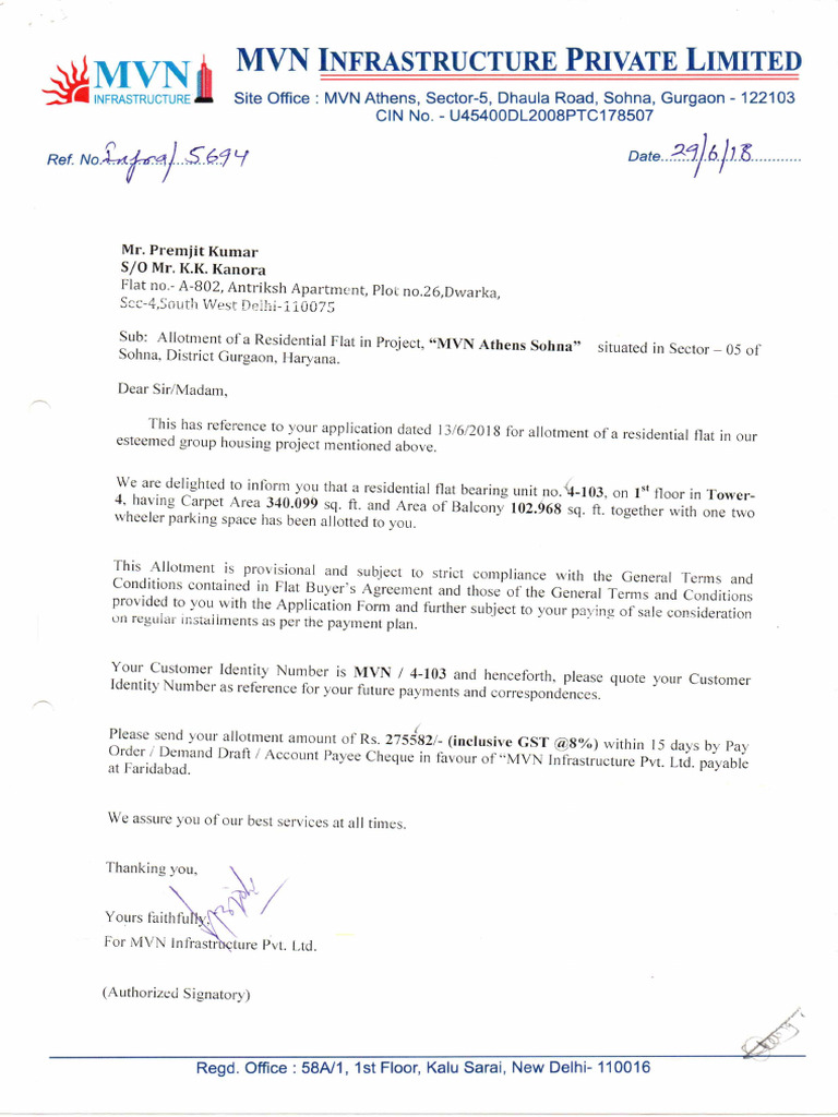 Allotment Letter | PDF