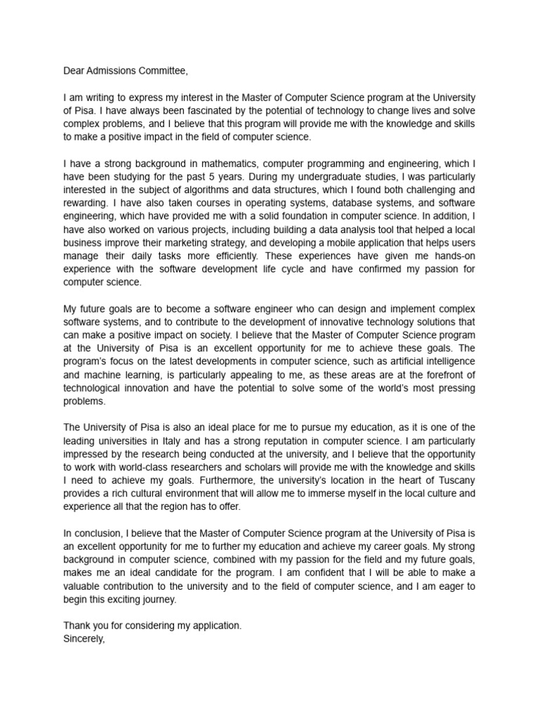 Motivational Letter for MSc in Computer Science | PDF | Computer ...