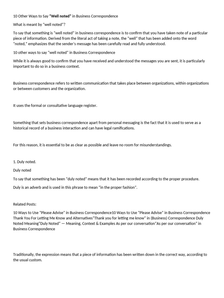 Alternatives to "Well Noted" in Emails | PDF | Information | Communication