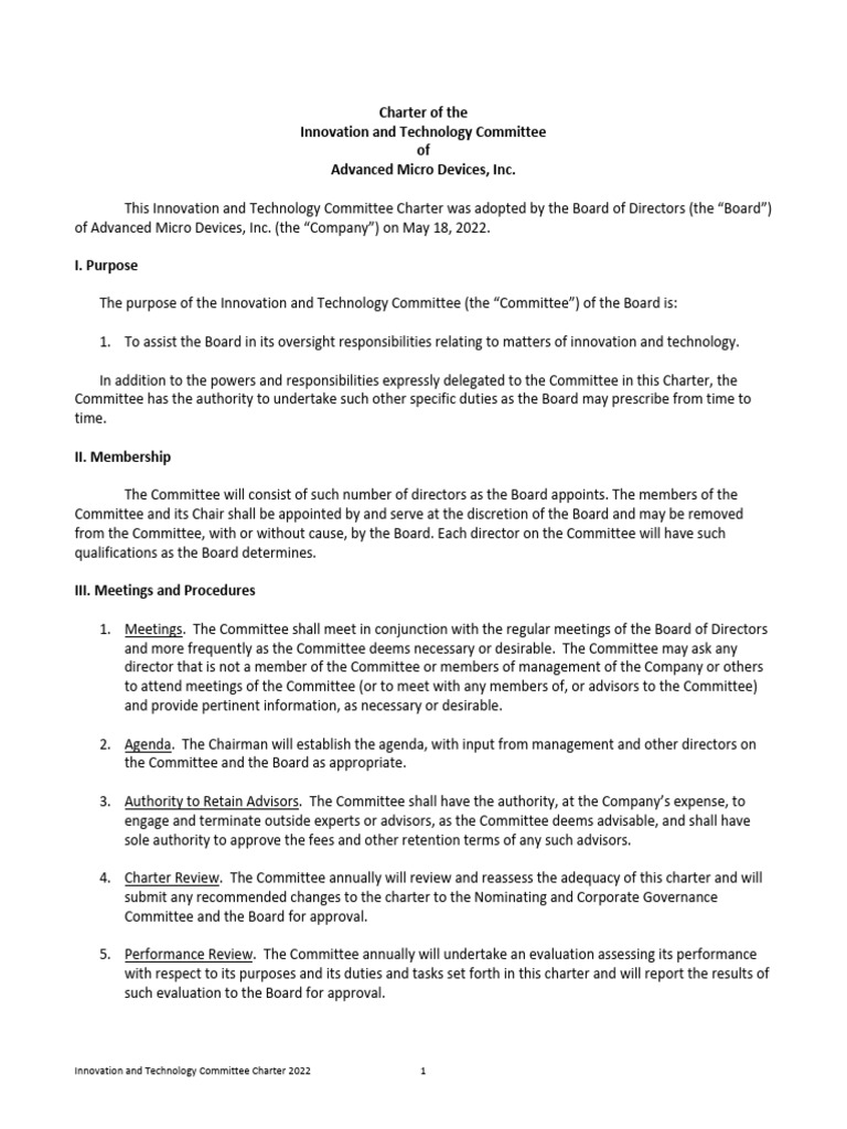 AMD Innovation and Technology Committee Charter | PDF | Board Of ...
