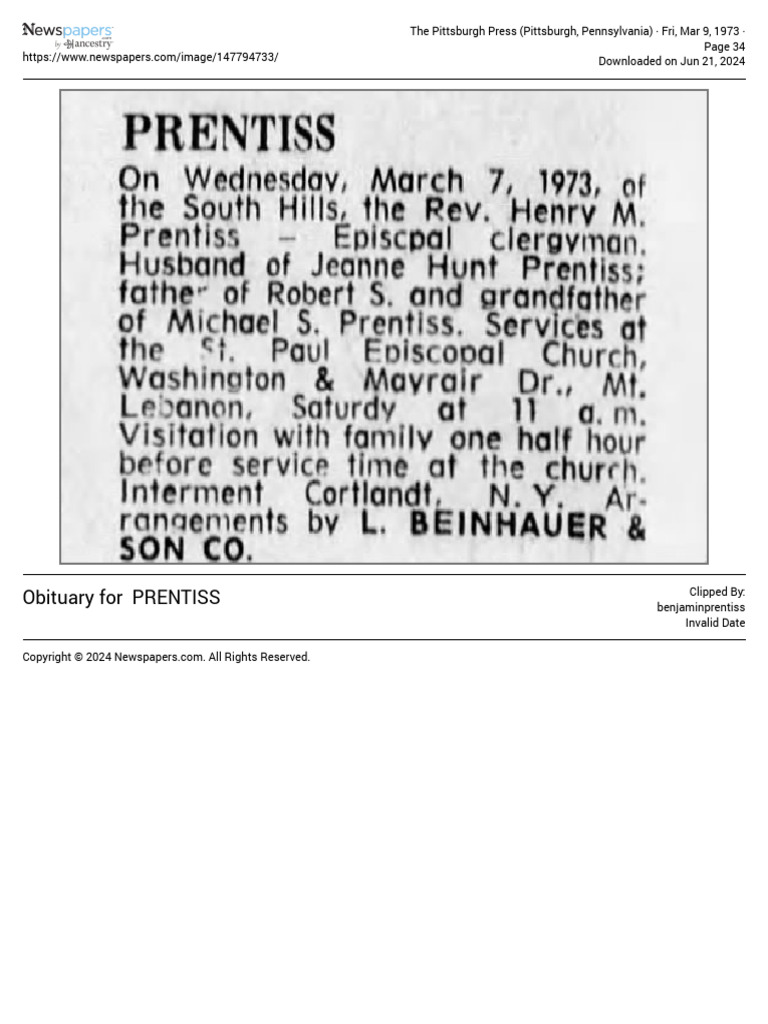 Obituary - For - PRENTISS Henry Moeller Prentiss | PDF