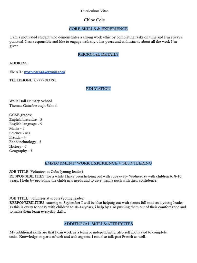 Chloe Cole - CV | PDF