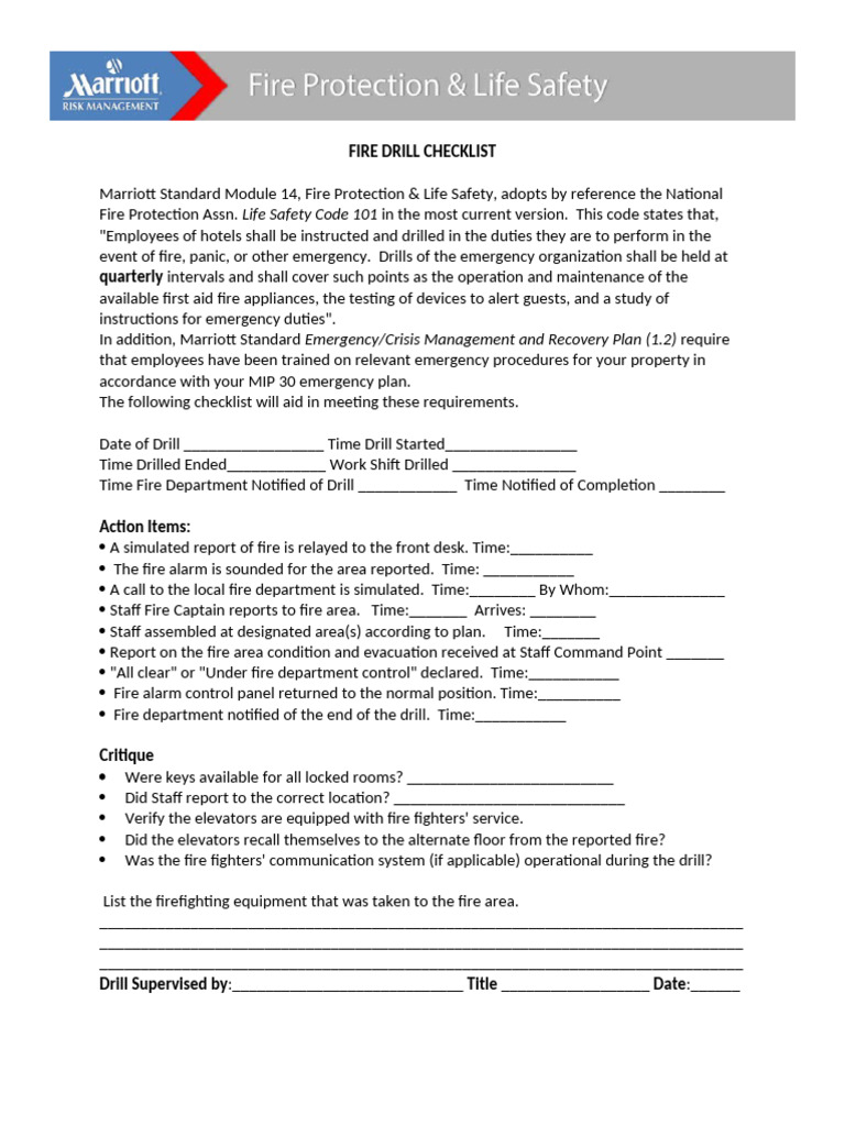 Fire Drill Checklist-Marriott | PDF | Public Safety | Safety