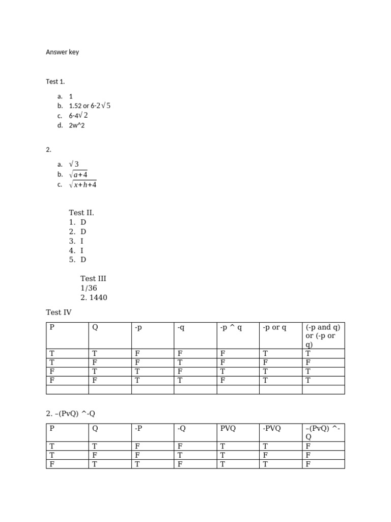 Math Test Answer Key Summary | PDF