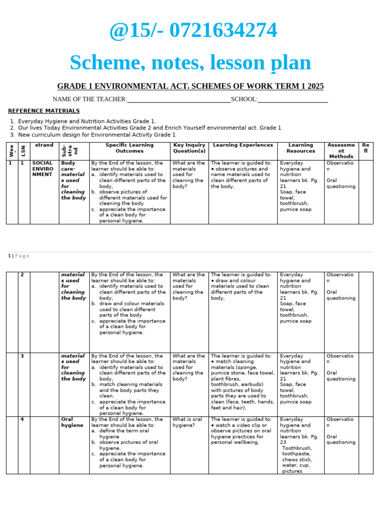 Grade 1 Environmental Hygiene Plan | PDF | Oral Hygiene | Toothbrush