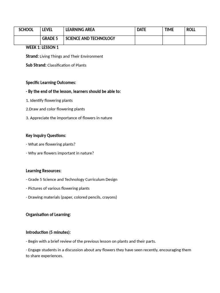 Grade 5 Rationalized Science and Technology Lesson Plans Term 1 | PDF ...