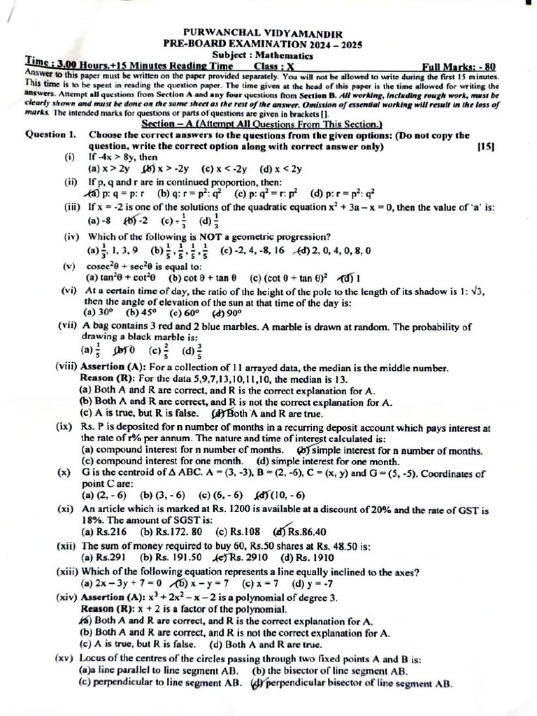 Purvanchal Maths Pre Boards | PDF