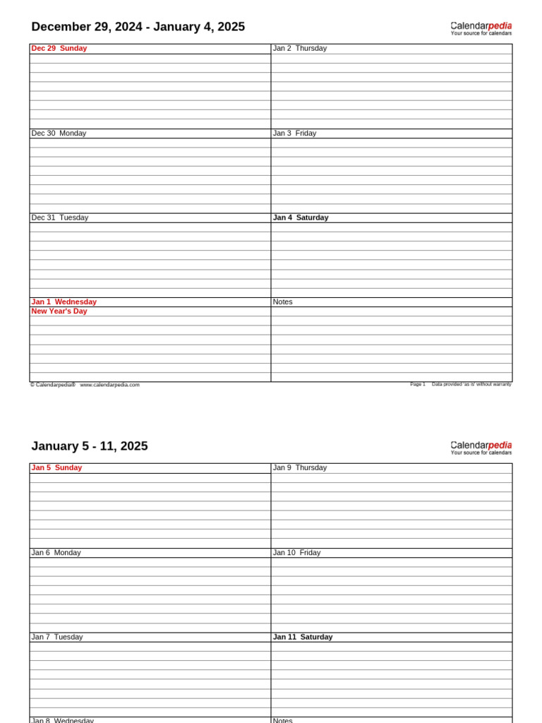 Weekly Calendar 2025 Landscape 2 Columns | PDF | Easter | Observances