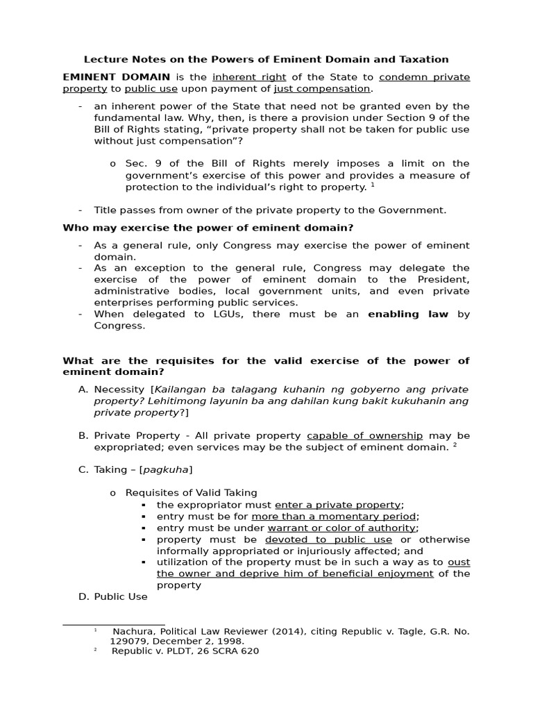 Lecture Notes On The Powers of Eminent Domain and Taxation | PDF ...