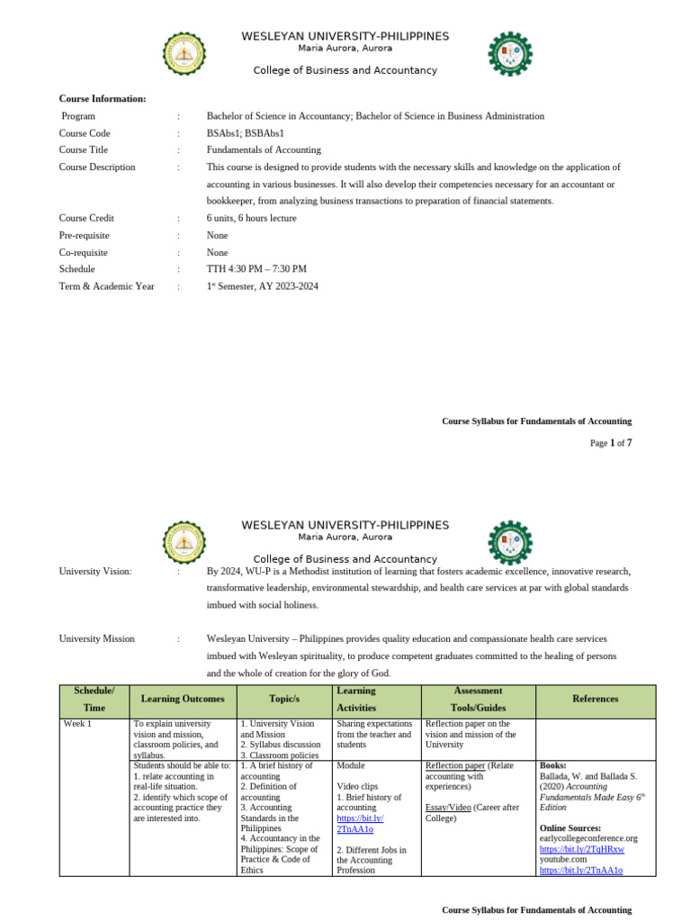 Fundamentals of Accounting Syllabus | PDF | Debits And Credits