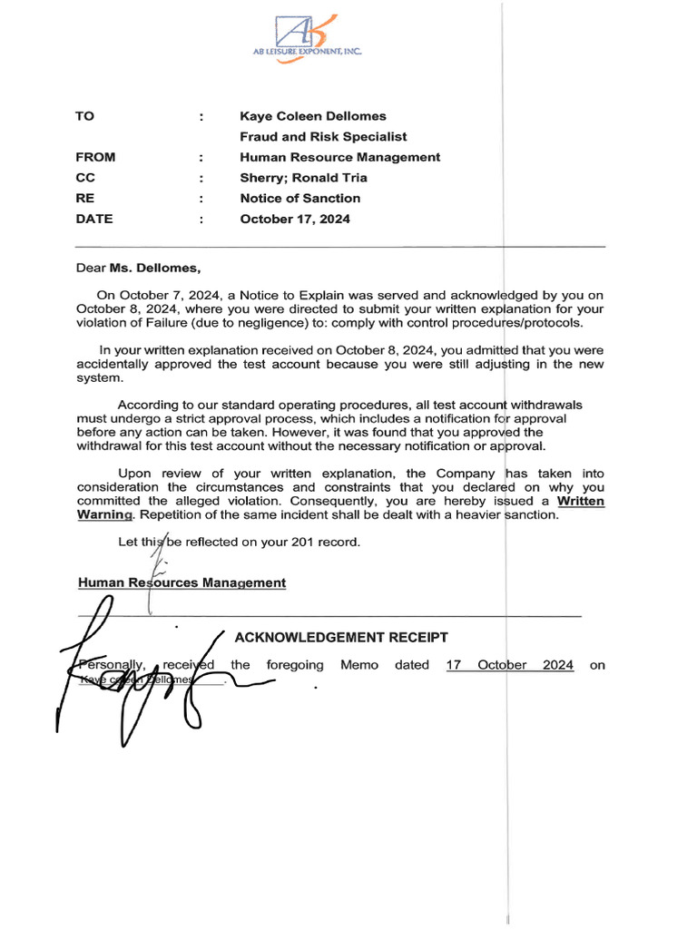 Notice of Sanction-Kaye Coleen Dellomes | PDF