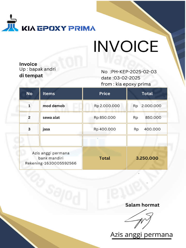 Invoice Bapak Andri From Kia Epoxy Prima - 20250203 - 121331 - 0000 | PDF
