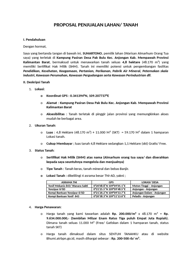 PROPOSAL PENJUALAN LAHAN (Umum) | PDF