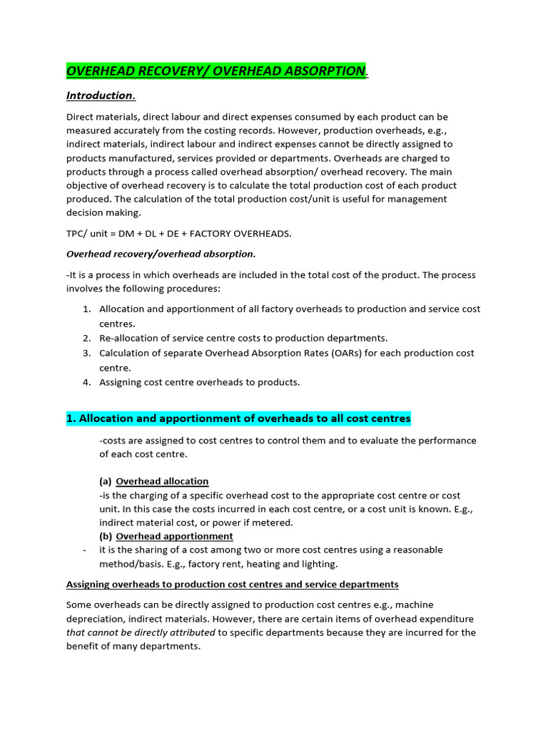 Overhead Recovery and Absorption | PDF | Cost Of Goods Sold | Cost