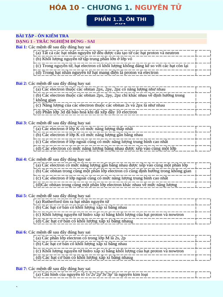 HÓA 10 - CHƯƠNG 1.3 - CTST - ÔN GK1 | PDF