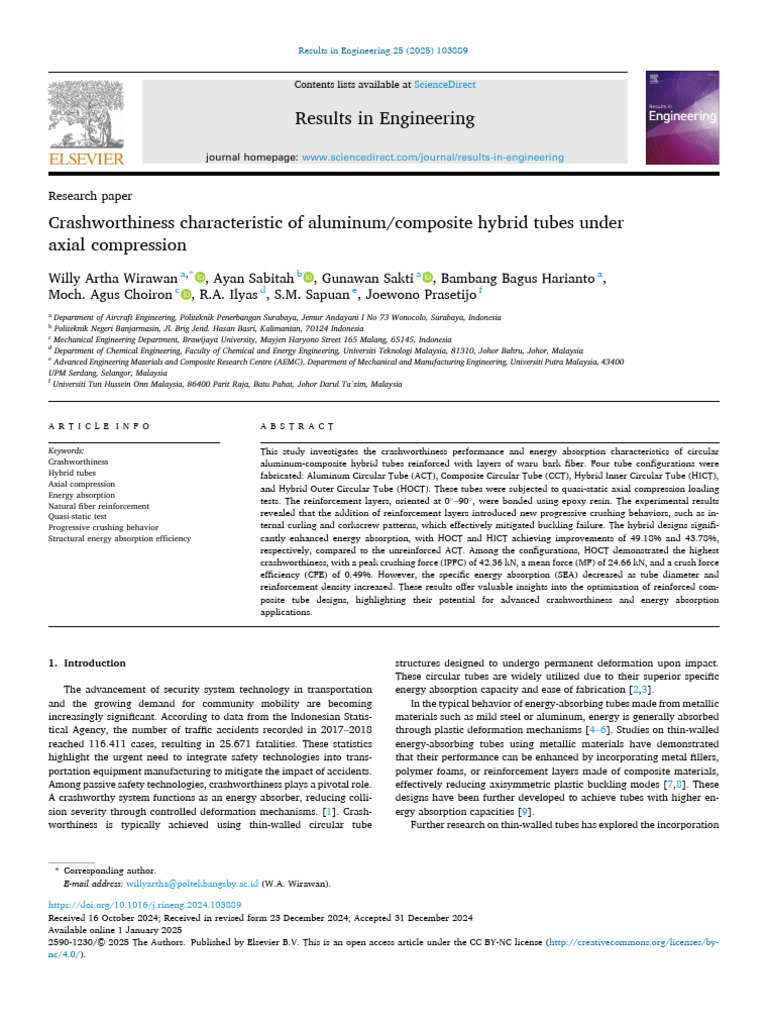 Crashworthiness Characteristic of Aluminum - Composite Hybrid Tubes Under Axial Compression ...