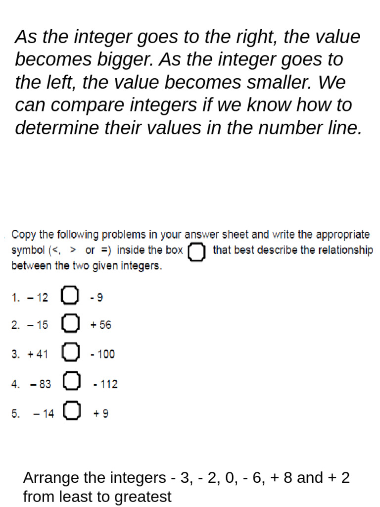 1-COMPARING AND ORDERING OF INTEGERS | PDF