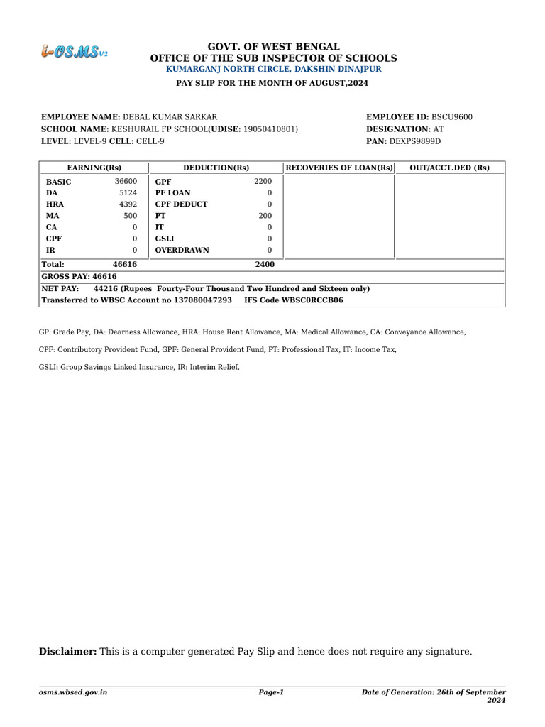 Payslip For Debal Kumar Sarkar of Keshurail FP School | PDF