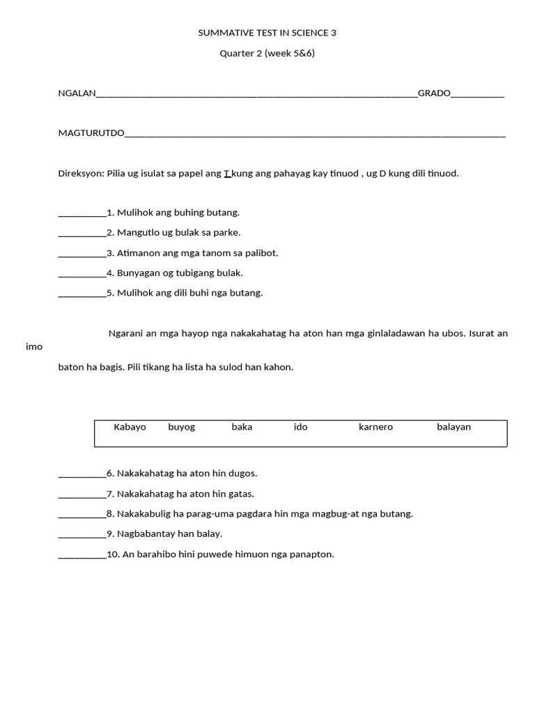 Summative Test in Science 3 | PDF