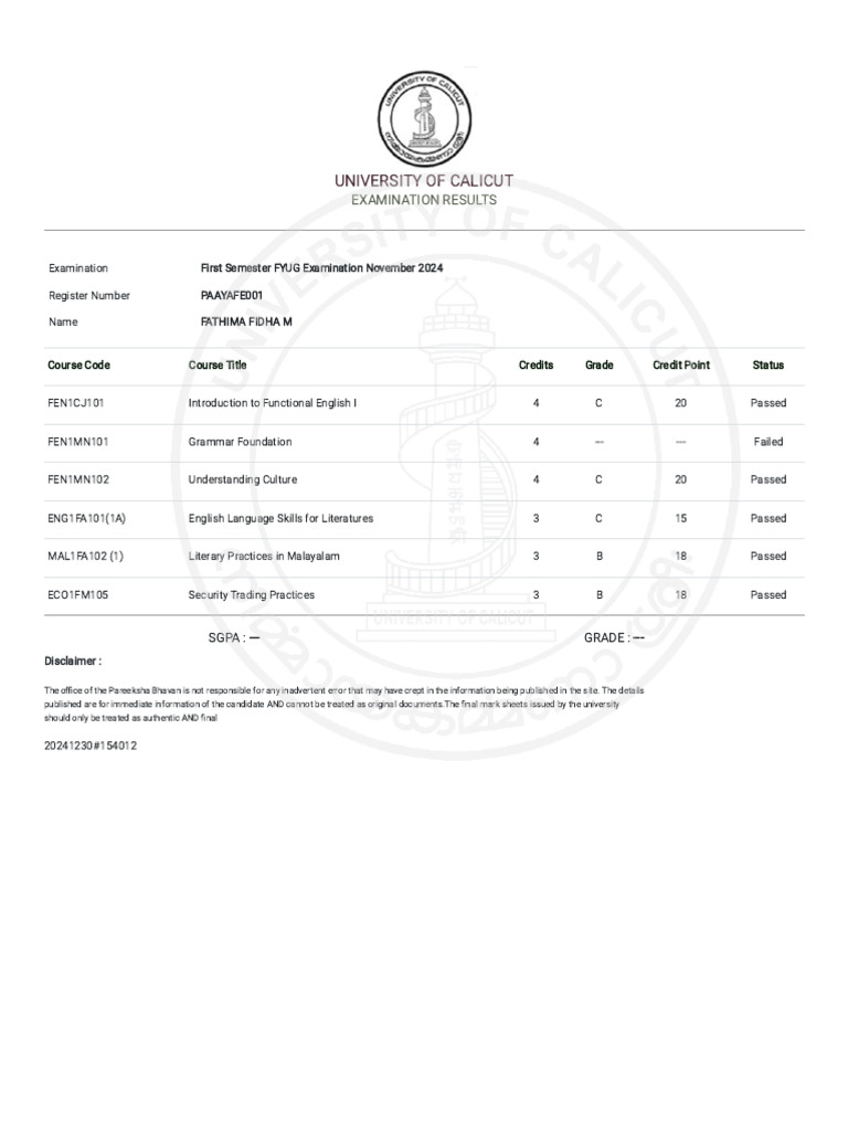 University of Calicut __ Online Results (1) | PDF