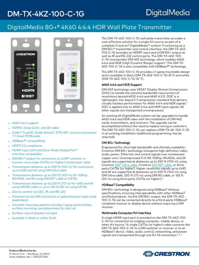 CRESTRON - Ss - DM TX 4KZ 100 C 1G | PDF | Hdmi | Digital Technology