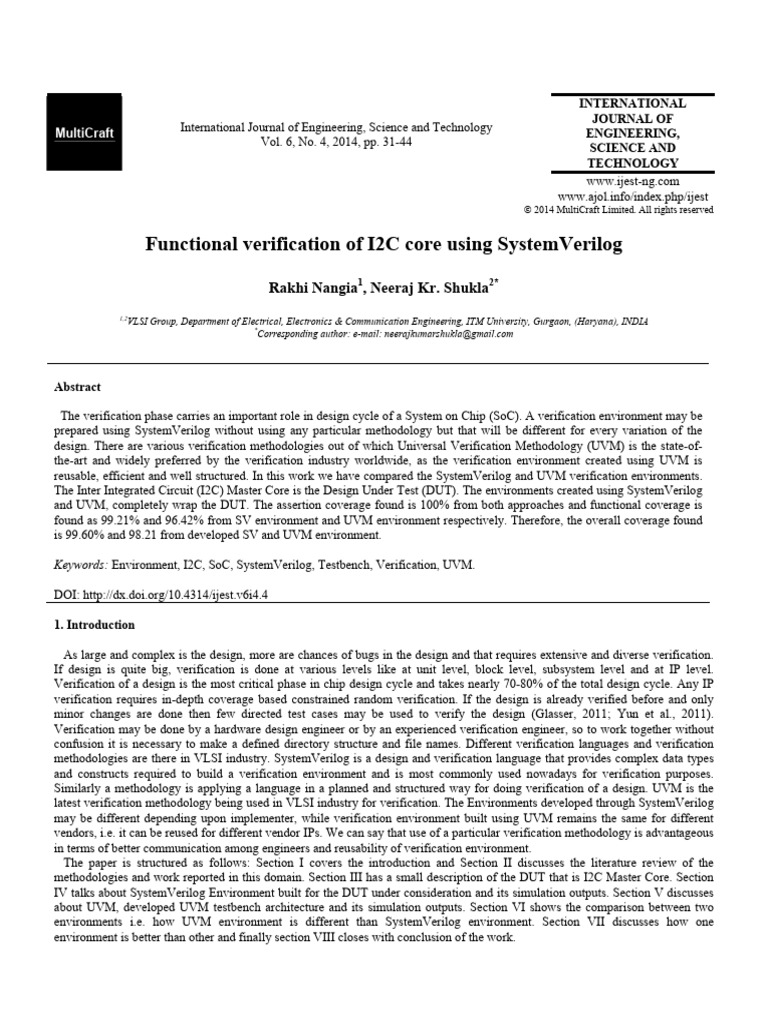 Functional Verification Of I2c Core Usin Pdf Computing Computer Engineering