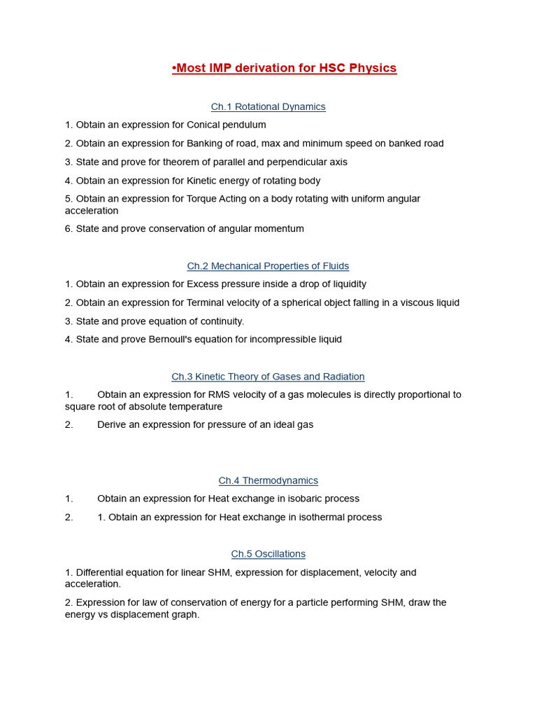 Most IMP Derivation For HSC Physics | PDF | Waves | Gases