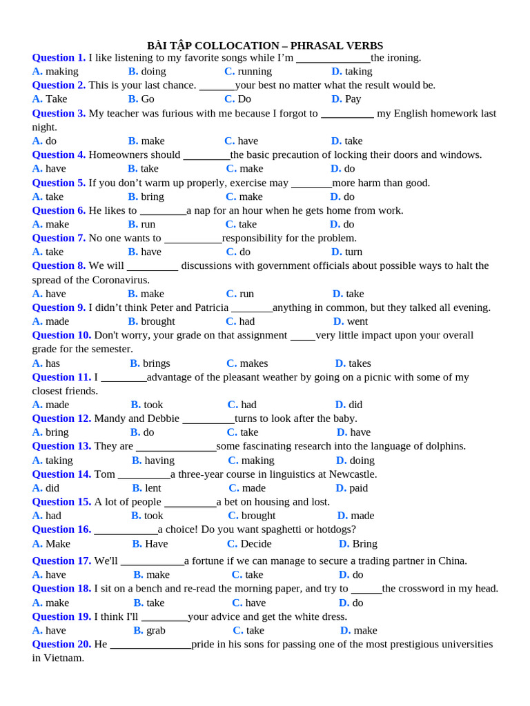 BÀI TẬP COLLOCATION-PHRASAL VERBS - Key | PDF