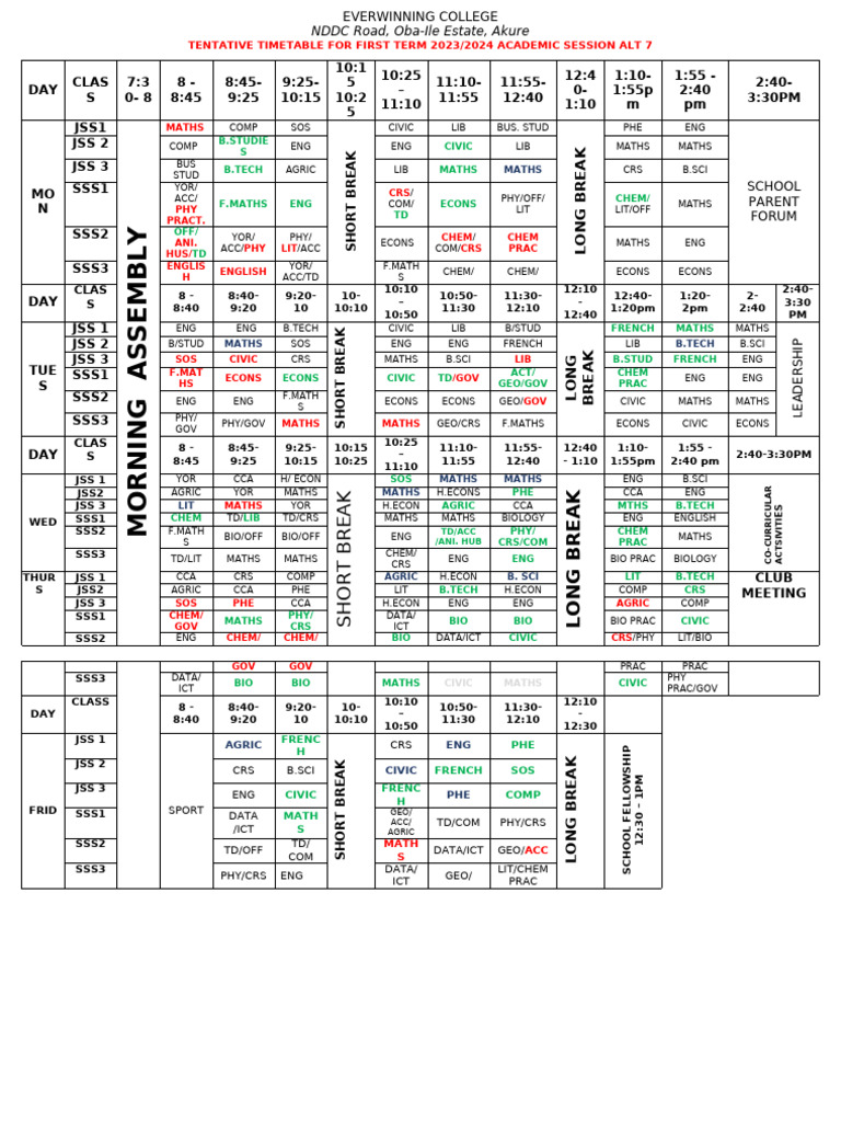 Timetable For First Term 2023 24 Alt 7 | PDF