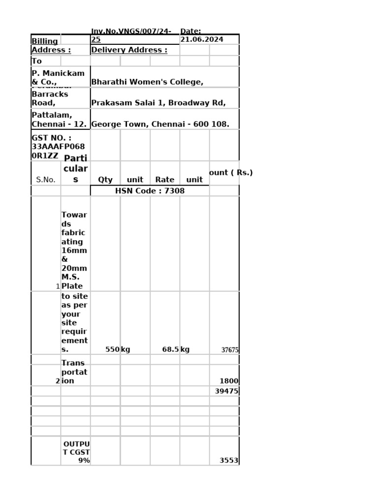Invoice for M.S. Plate Fabrication | PDF