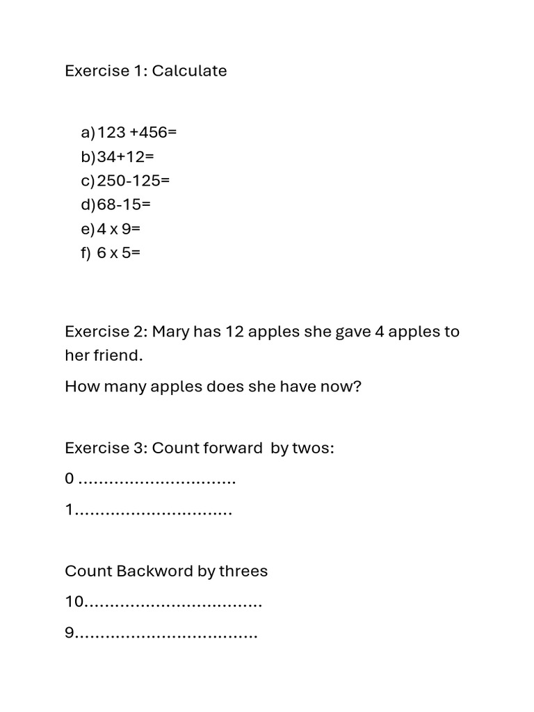 Basic Math Exercises for Kids | PDF