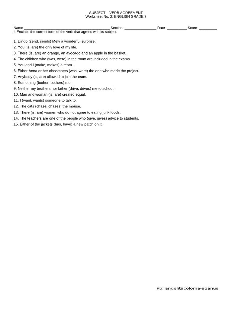 Worksheet On SVA Subject - Verb - Agreement | PDF