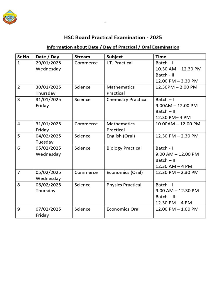 HSC Board Time Table 2025 Practical Examination | PDF