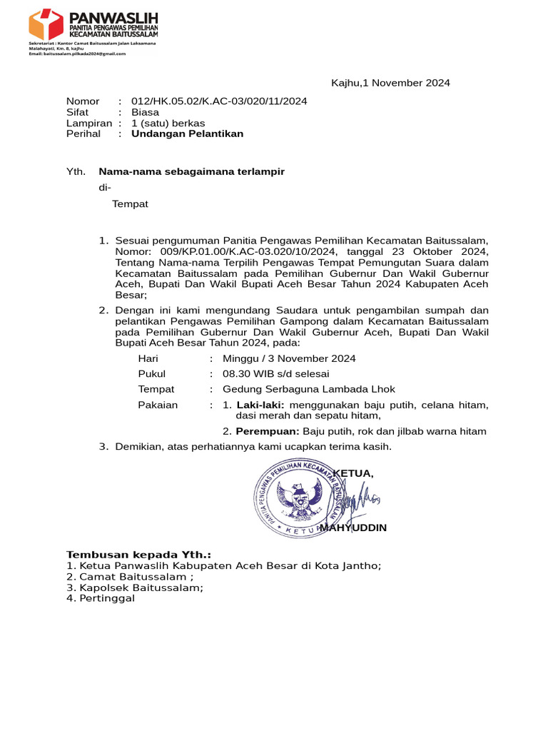 Undangan Pelantikan Pengawas TPS | PDF