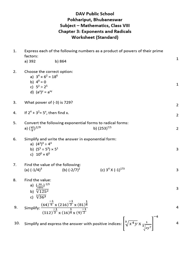 Cls-8 Standard Worksheet | PDF