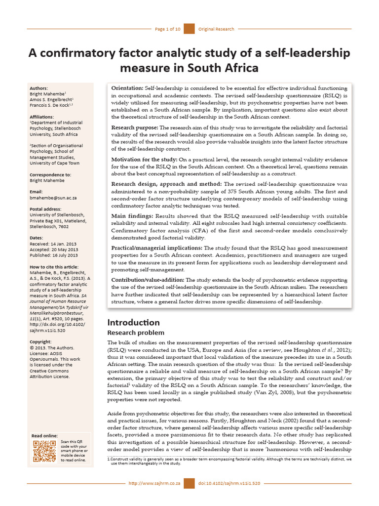 Mahembe Self-Leadership Article - 2013 | PDF | Psychometrics | Factor ...