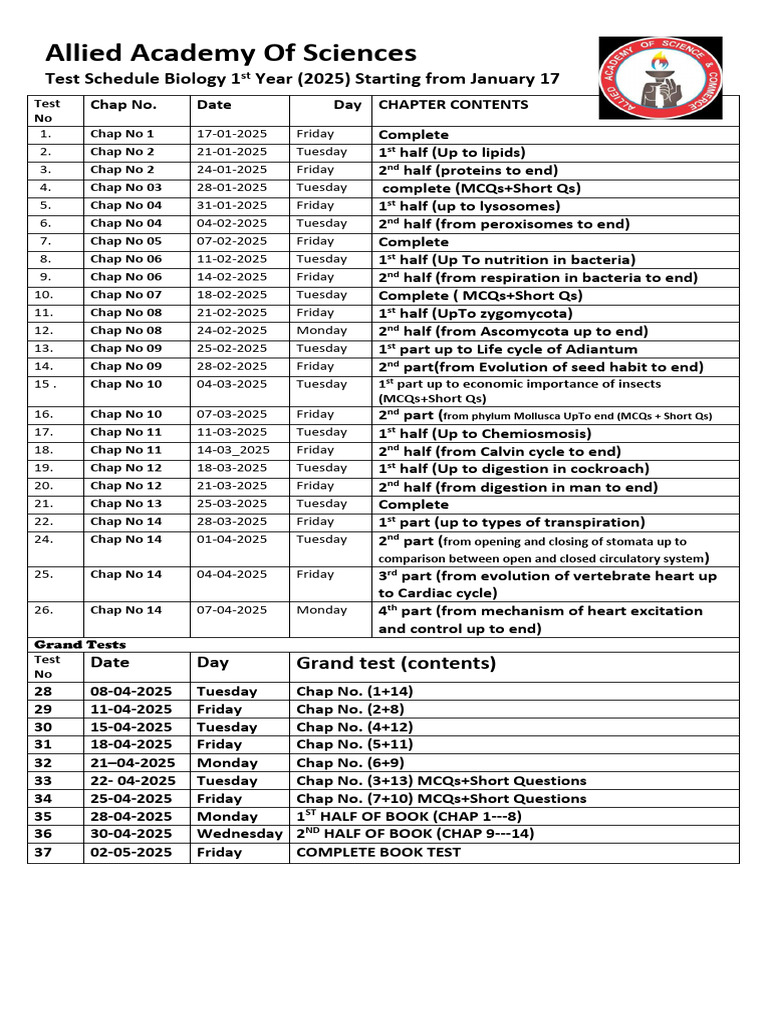 Test Schedule 1st Year Bio 2025 | PDF | Life Sciences | Physiology