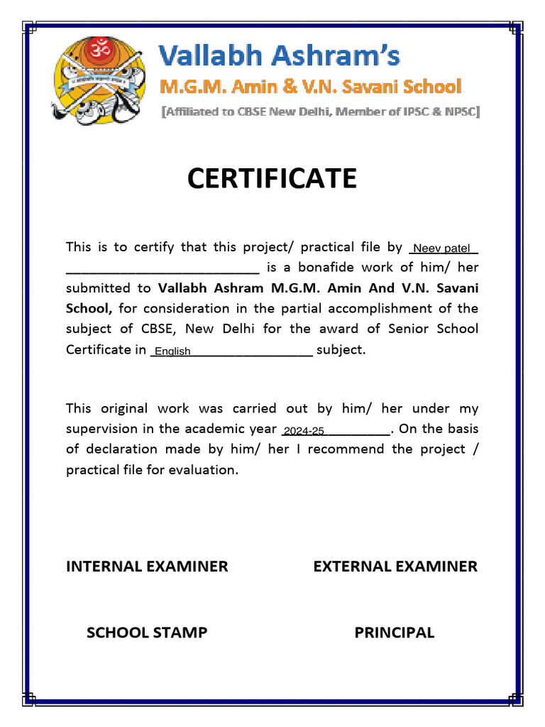 Certificate for CBSE Project Submission | PDF