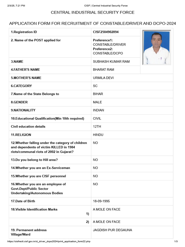 CISF Constable/Driver Application 2024 | PDF | Justice | Crime & Violence