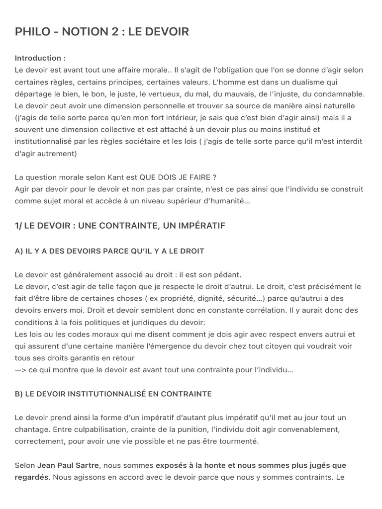 Le Devoir en Philosophie : Concepts Clés | PDF | Liberté | Moralité