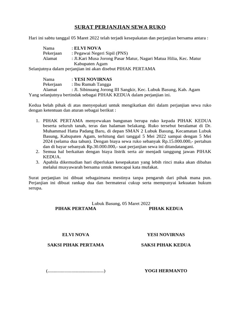 Surat Perjanjian Sewa Ruko | PDF