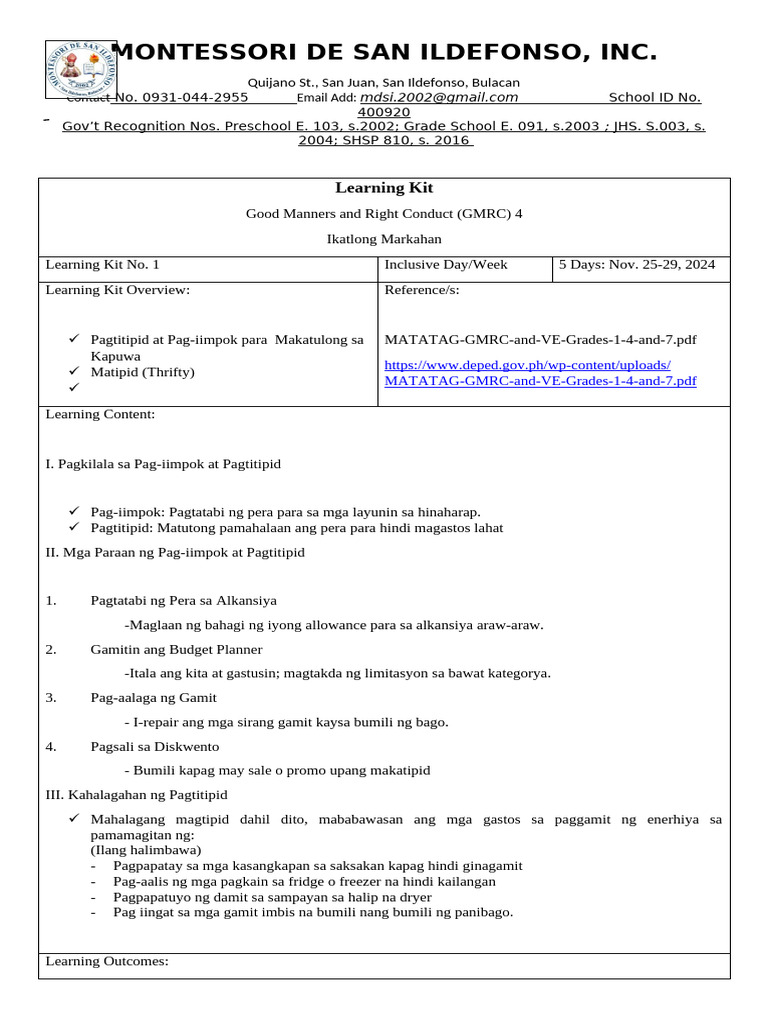 Pag Iimpok at Pagtitipid - Quarter 3W1 | PDF