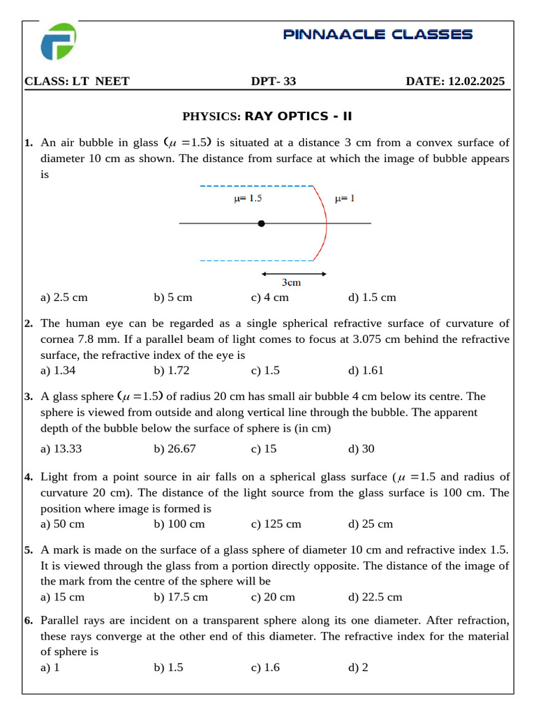 LT DPT-33 PHY NEET 12.02.25 RAY OPTICS - II | PDF | Lenses | Applied And Interdisciplinary Physics