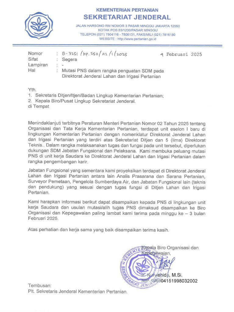 B-3251 TH 2025 Surat Karo OK Hal Mutasi PNS Penguatan SDM Pada Ditjen ...