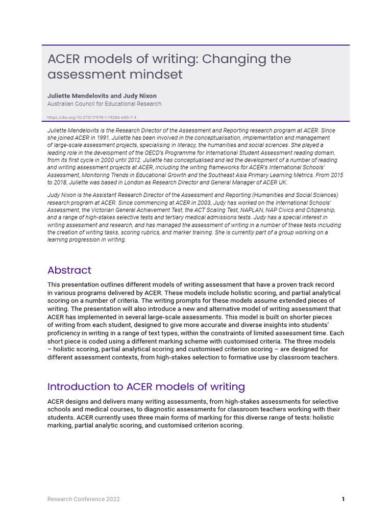 ACER Models of Writing - Changing The Assessment Mindset | PDF ...